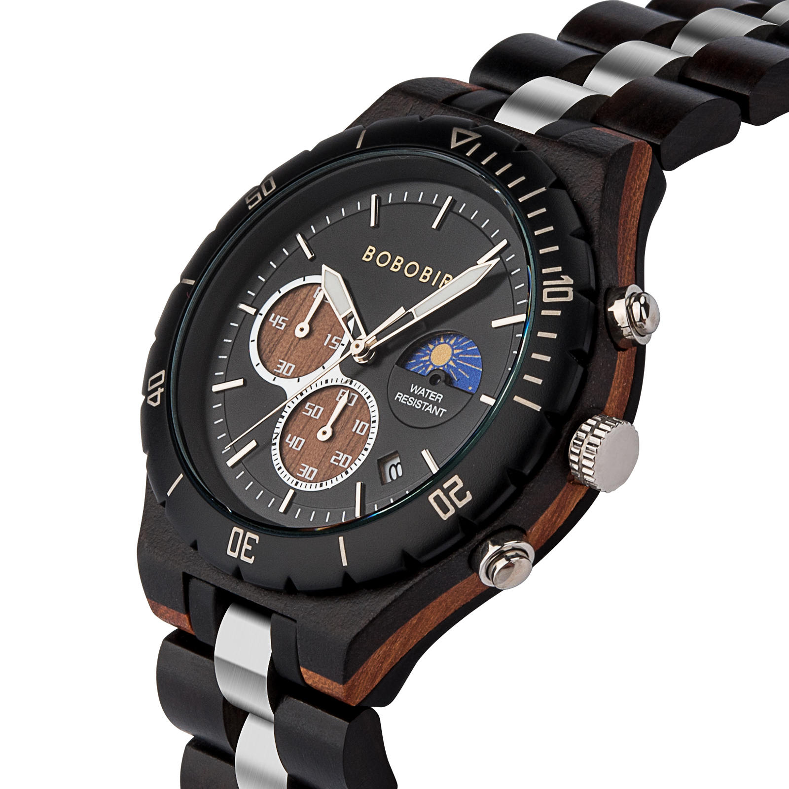 Classic Multifunctional Chronograph Moonphase Wooden Watch Ebony Black ...