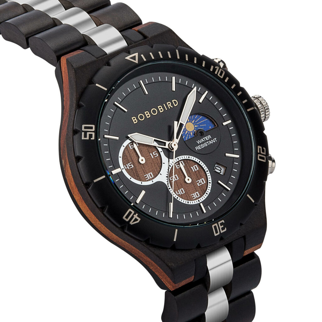 Classic Multifunctional Chronograph Moonphase Wooden Watch Ebony Black ...