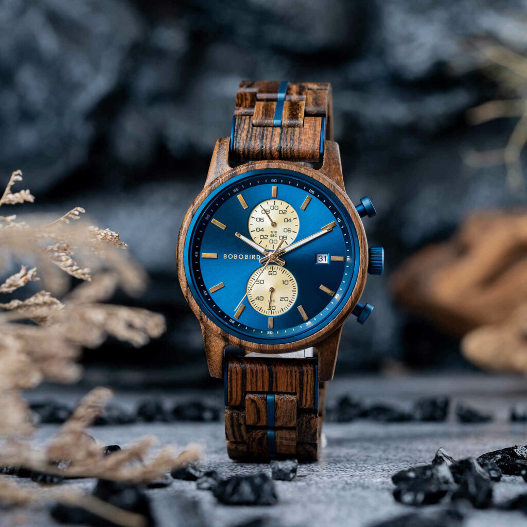 Men's Wooden Watches Classic Wenge Wood Blue Chronograph GT116-2
