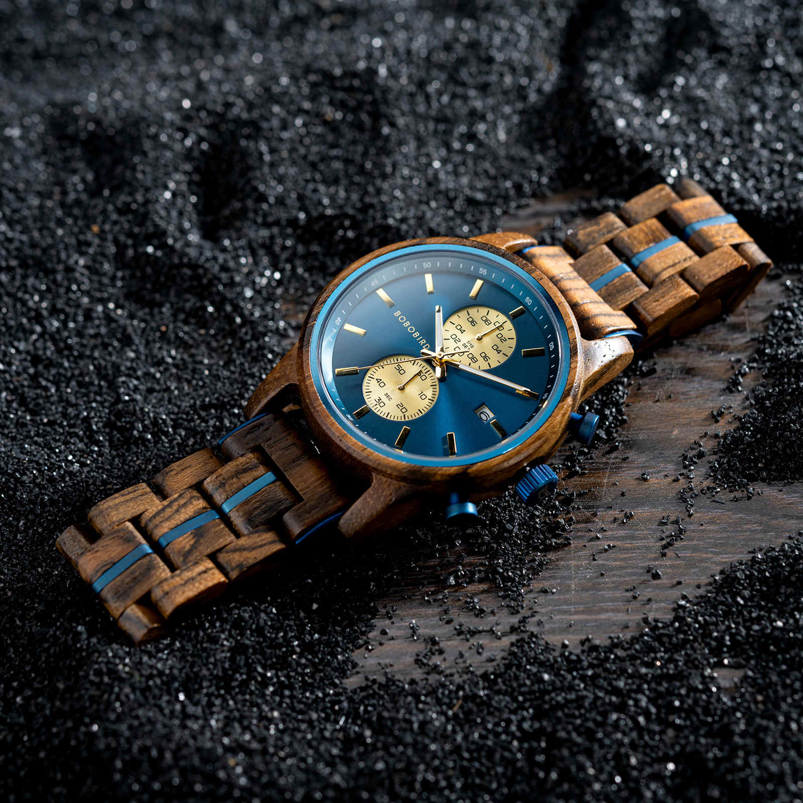 Men's Wooden Watches Classic Wenge Wood Blue Chronograph GT116-2