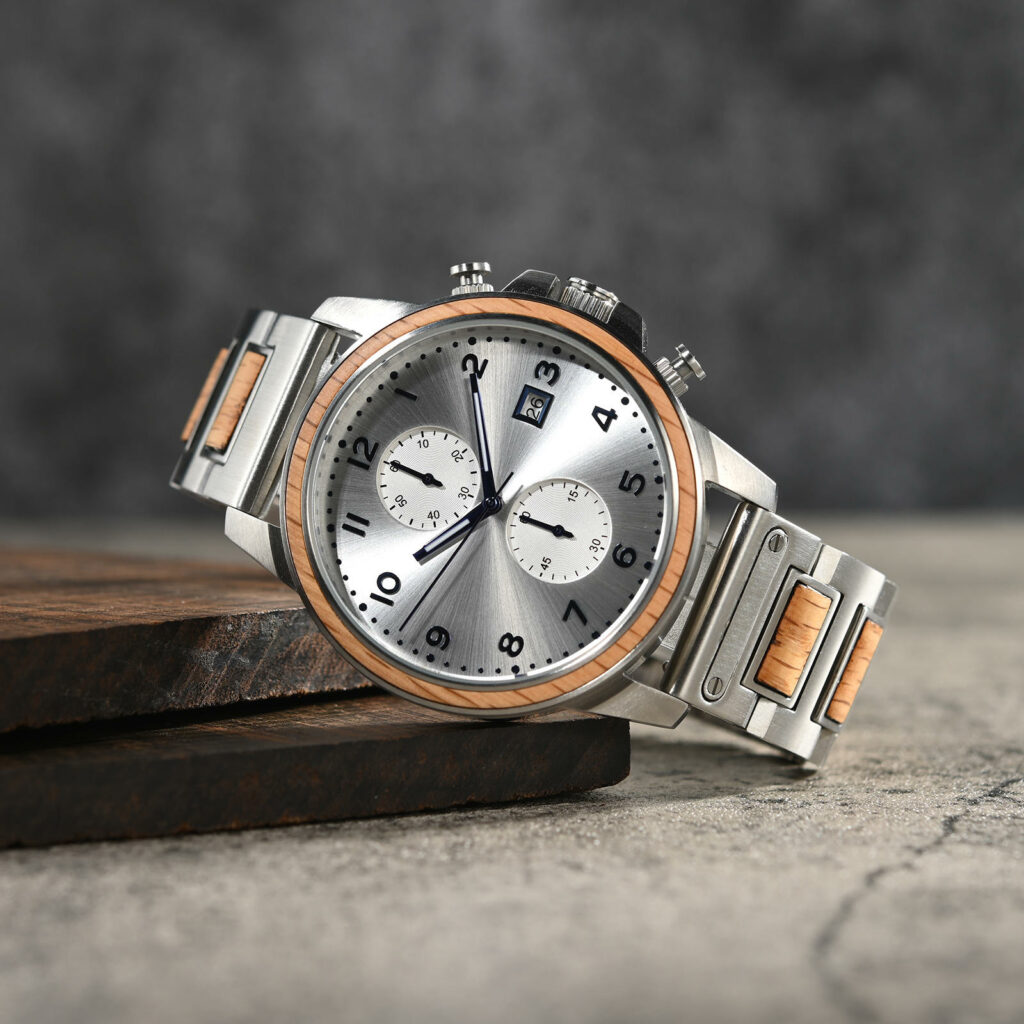 Classic Chronograph Wooden Watch Oak Wood Silver Limited Edition