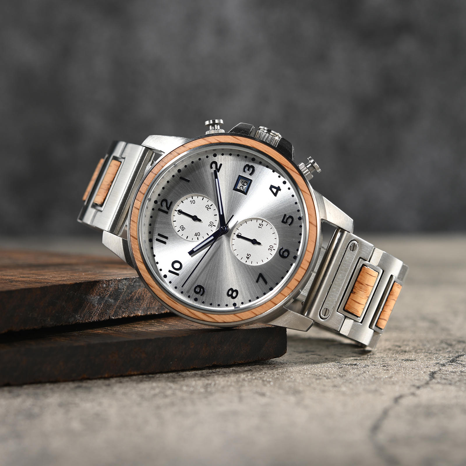Classic Chronograph Wooden Watch Oak Wood Silver Limited Edition