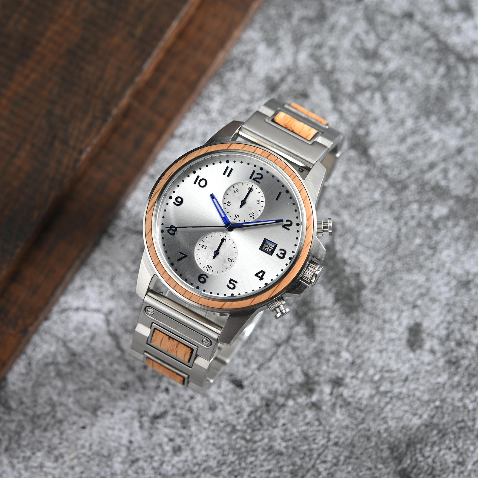 Classic Chronograph Wooden Watch Oak Wood Silver Limited Edition