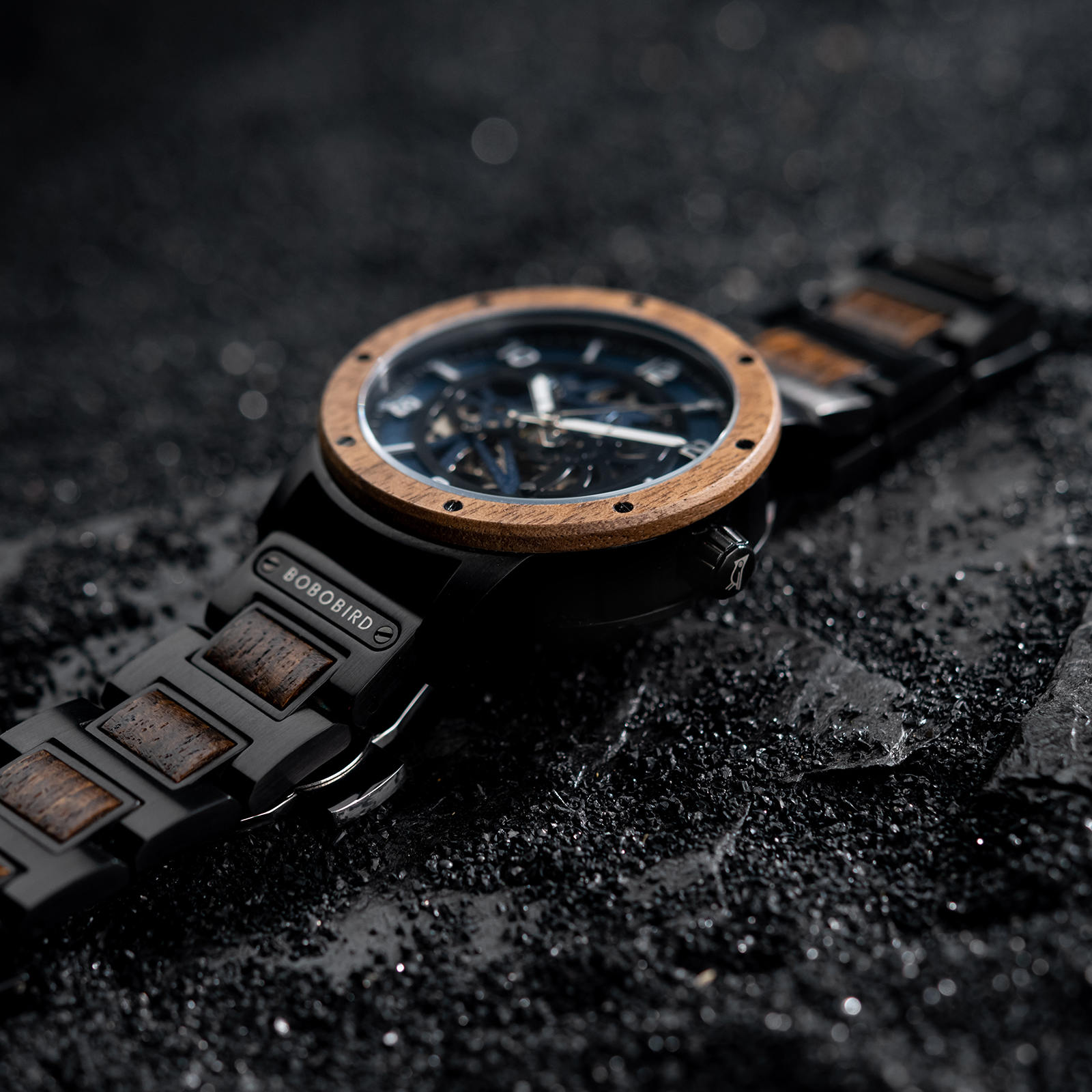 Skeleton Watches Automatic Mechanical Walnut Blue - X