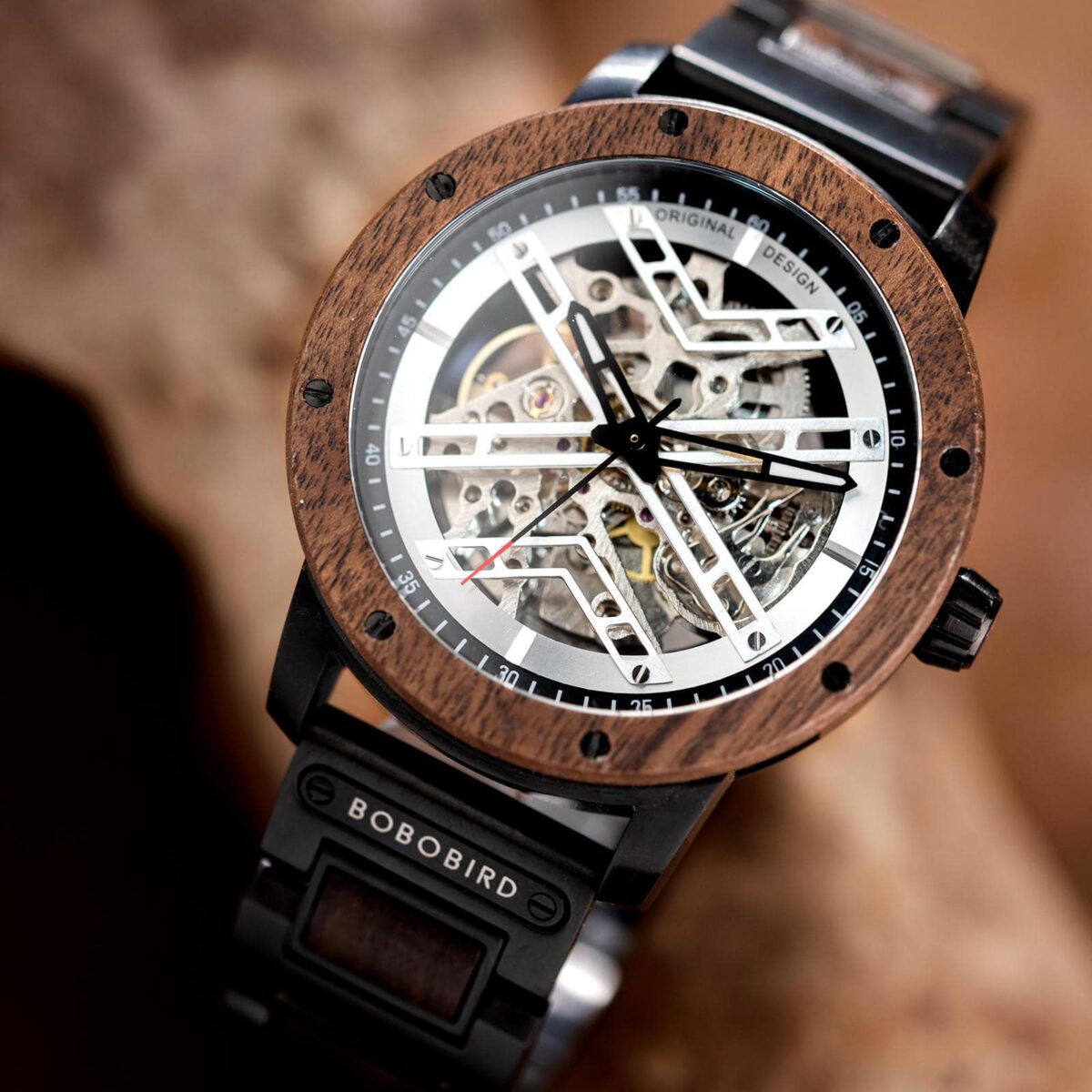 Skeleton Watches Automatic Mechanical Walnut Silver - X
