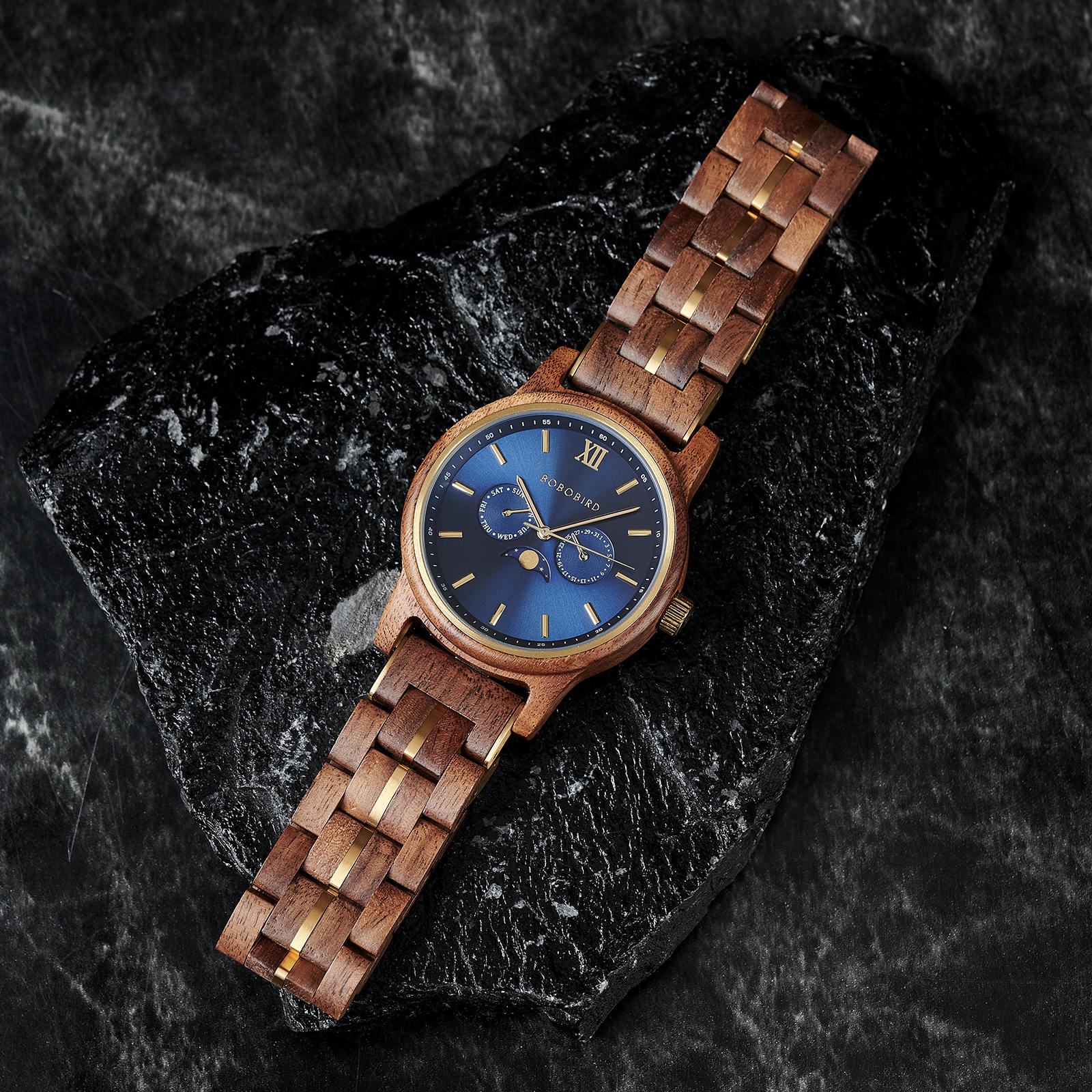 BOBO BIRD Men's Wooden Watches Classic Moonphase Movement Kosso Wood ...