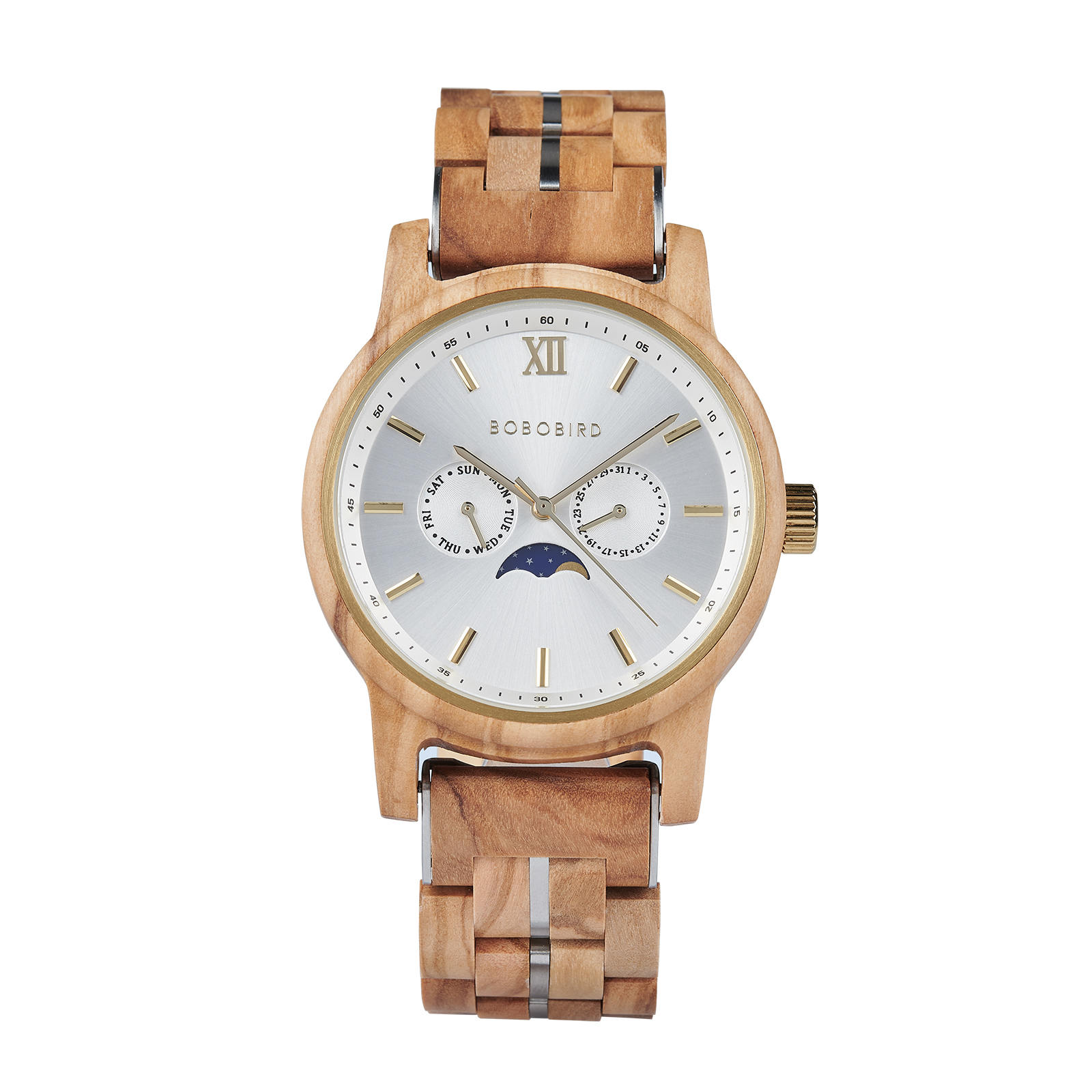 BOBO BIRD Men’s Wooden Watches Classic Moonphase Movement Olivewood ...