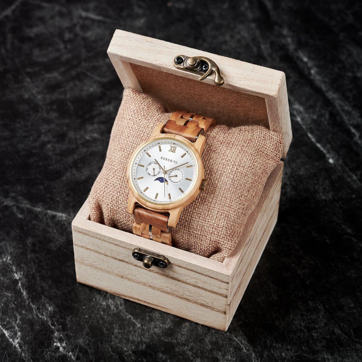 BOBO BIRD Men’s Wooden Watches Classic Moonphase Movement Olivewood ...