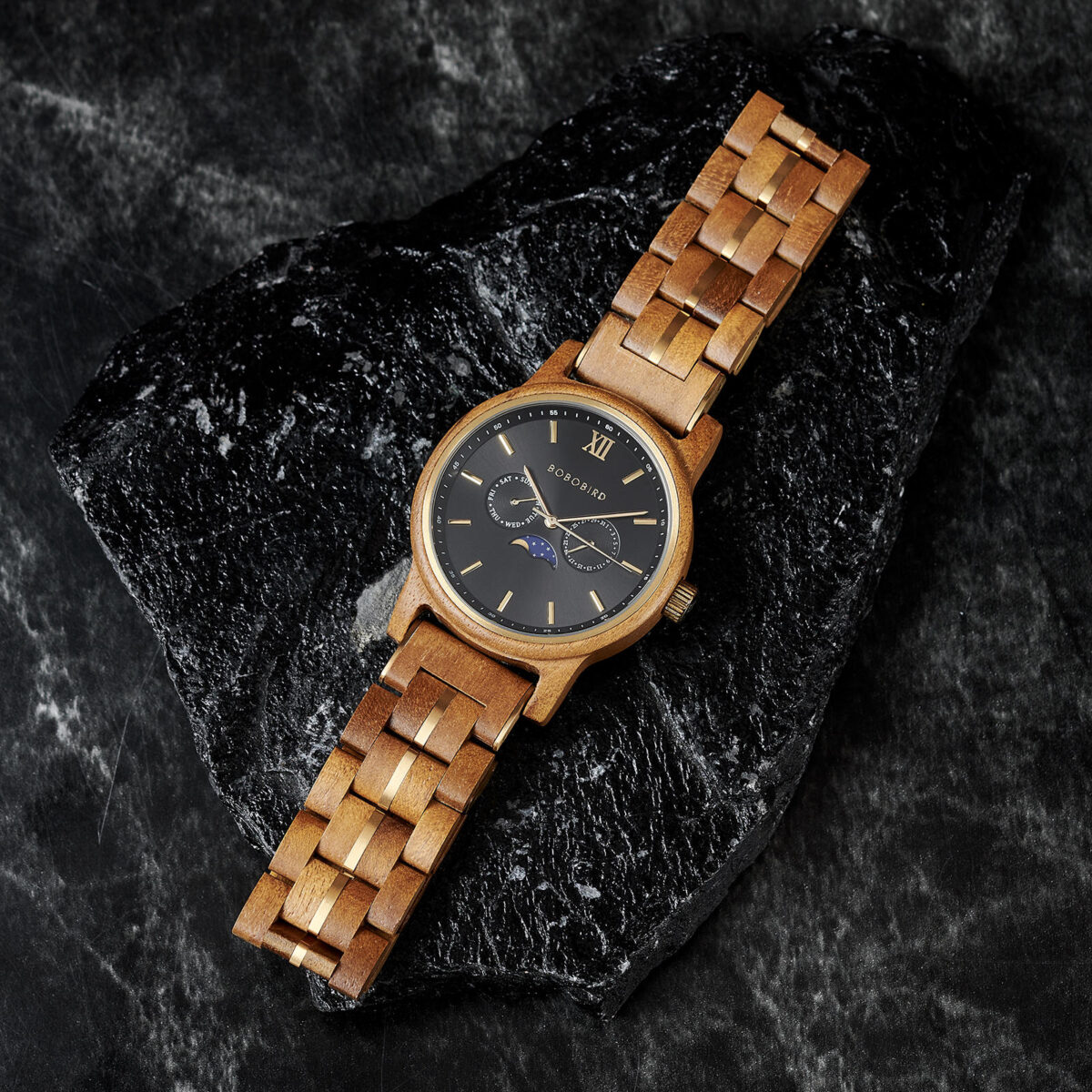 BOBO BIRD Men’s Wooden Watches Classic Moonphase Movement Teak wood ...