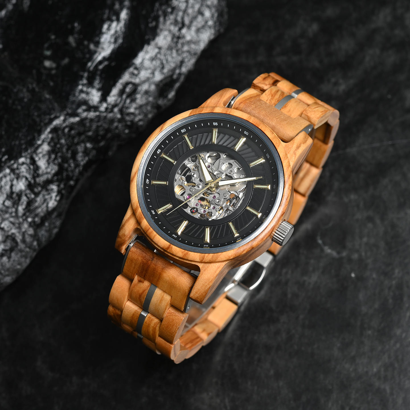Automatic Mechanical Wooden Watch Handmade Olivewood Black Limited ...
