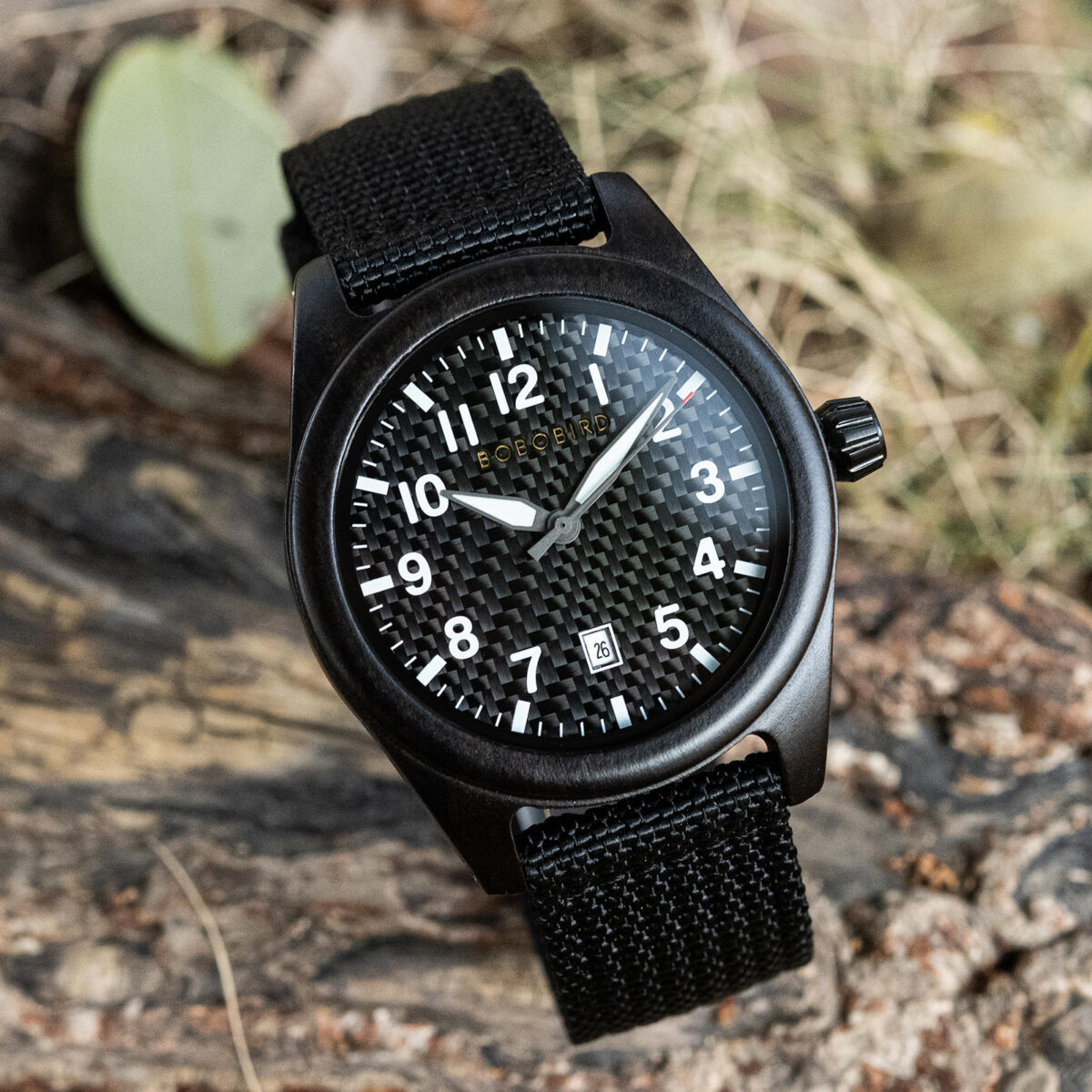 BOBOBIRD All Black Wood Case Nylon Band Watch GT165-4